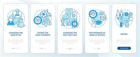 Peer Influence On Teenage Behavior Blue Onboarding Mobile App Screen Walkthrough 5 Steps