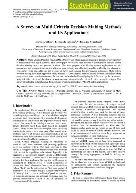 a survey on multi criteria decision making methods and its applications