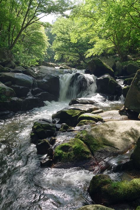 新緑の木漏れ日が差す山鶏滝の渓流 福島県平田村の自然風景の写真素材 フリー素材ぱくたそ