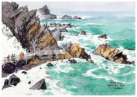어반스케치 작가 윤코 Urbansketchers On Instagram 바다그리기 속초 부채길 부서지는 하얀 파도를 보면서 걸을수 있는 태크길 동해 Voyage
