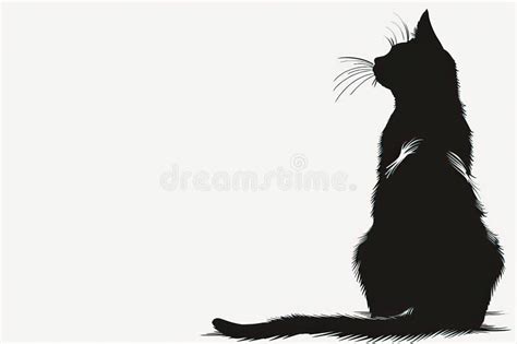 Silhouette Of A Black Cat Sitting And Looking Up Isolated On A White