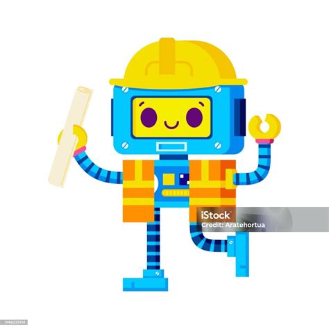 Vector Cute Engineer Robot Cartoon Illustration Isolated Stock