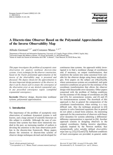 Pdf A Discrete Time Observer Based On The Polynomial Approximation Of The Inverse