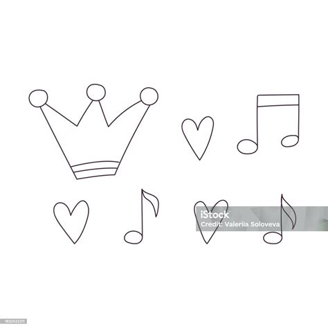 손으로 그린 작은 장식 기호 왕관 하트 음악 기호 음표 심플한 디자인 요소 윤곽선 낙서 벡터 흑백 그림 절연 통하고 있는 백색 배경 검은색에 대한 스톡 벡터 아트 및 기타