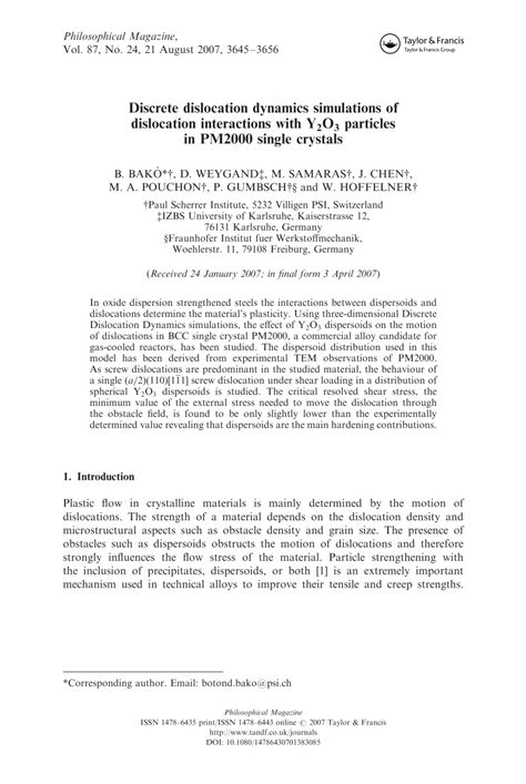 Pdf Discrete Dislocation Dynamics Simulations Of Dislocation Interactions With Y 2 O 3