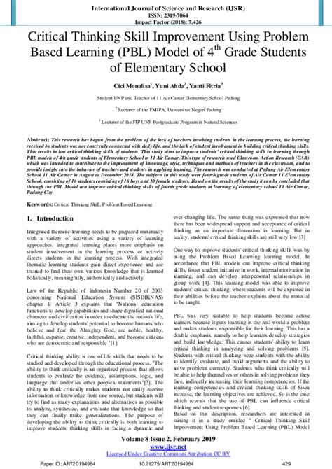Pdf Improving Critical Thinking In 4th Graders Through Pbl
