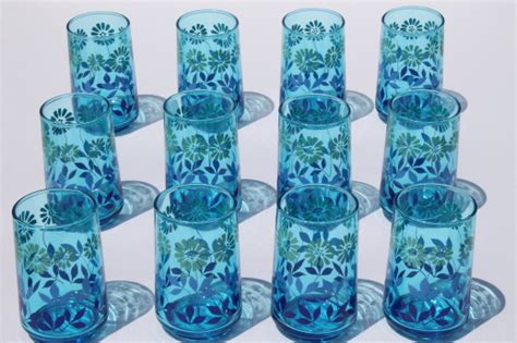 70s Vintage Libbey Juice Glasses Set Of 12 Retro Blue Fade Color W Daisy Print