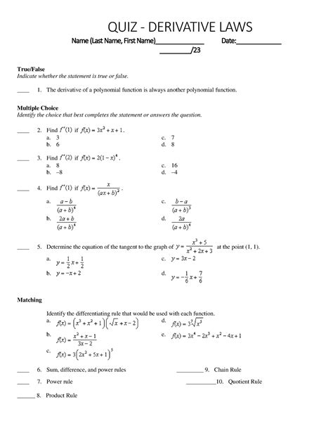 Quiz Derivative Rules 2018 Quiz Derivative Laws Name Last Name