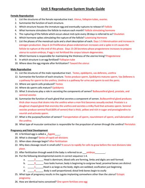 Unit Reproductive System Study Guide