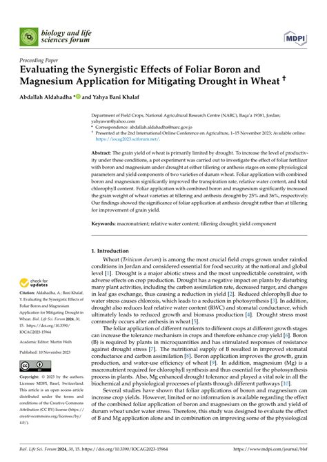 Pdf Evaluating The Synergistic Effects Of Foliar Boron And Magnesium Application For