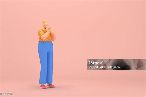 파란색 코듀로이 바지를 입고 롤빵에 묶인 황금 머리를 가진 여자와흰색 줄무늬가 있는 주황색 티셔츠 그녀는 말할 때 손의 표현입니다 연기에서 만화 캐릭터의 3d 일러스트