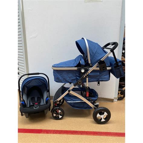 Количка 3 в 1 чанта за пелени количка реверсивна амортисьори на всяко колело синя Emag Bg