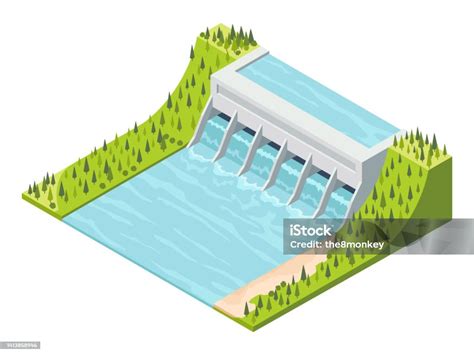 수력 전력 아이소메트릭 수력 발전소 대체 에너지 개념 공장 전기 강가에있는 수력 발전소 댐 벡터 일러스트 레이 션 등측투영법에