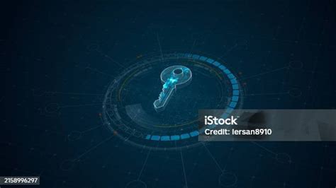 추상적인 배경에 네트워크 방화벽 기술 및 데이터 보안 개념을 갖춘 파란색 디지털 보안 키 로고 및 3d 원형 미래형 Hud 요소