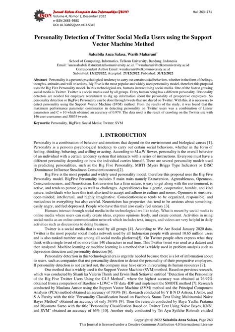 Pdf Personality Detection Of Twitter Social Media Users Using The Support Vector Machine Method