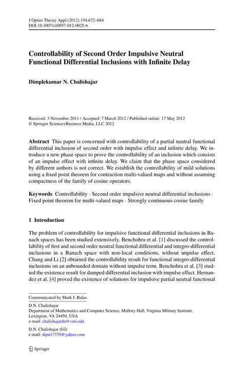 Pdf Controllability Of Second Order Semi Linear Neutral Functional Differential Inclusions In