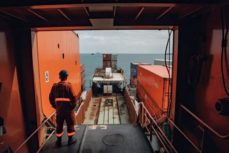 The Deck Of A Massive Container Ship Is Shown With Rows Of Stacked