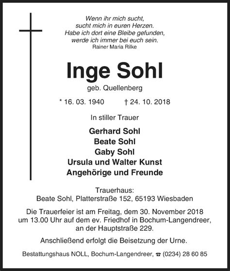 Traueranzeigen Von Inge Sohl Trauer In Nrwde