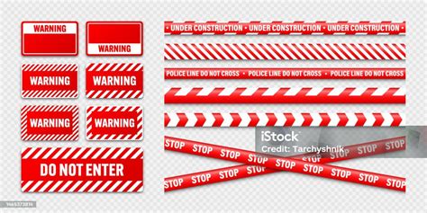 다양한 바리케이드 건설 테이프 및 경고 방패 빨간색 경찰 경고 라인 밝은 색상의 위험 또는 위험 줄무늬 리본 제한 구역 구역 주의 기호입니다 벡터 그림 건설 산업에 대한