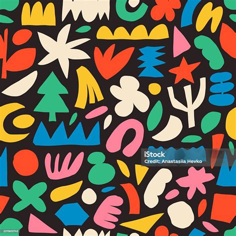 잘라낸 유기적 모양과 기하학적 도형을 가진 다채로운 완벽 한 패턴 추상적인 콜라주 종이 질감입니다 손으로 그린 아이 유기적 모양 원시적이고 순진한 형태 벡터 포장지입니다