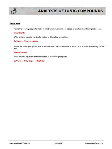 Chemsheets Gcse 1214 Practical 34 Analysis Of Ionic Compounds Ans Pdf Precipitation