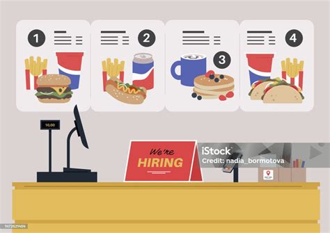 패스트 푸드 카운터 우리는 간판 금전 등록기 Pos 터미널 디스플레이 메뉴를 고용하고 있습니다 레스토랑에 대한 스톡 벡터 아트