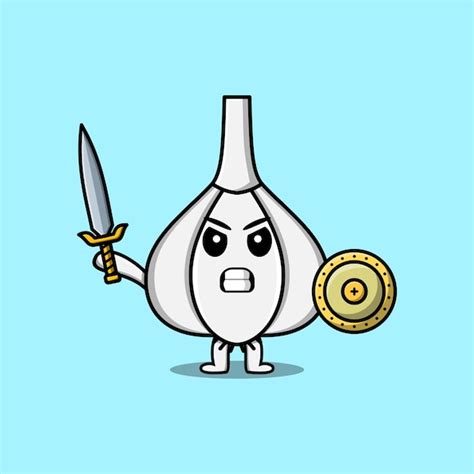현대적인 스타일의 디자인으로 칼과 방패를 들고 있는 귀여운 만화 캐릭터 마늘 프리미엄 벡터