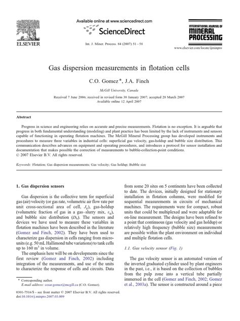 Gas Dispersion Measurements In Flotation Cells Co Gomez Ja Finch Pdf Pixel Gases