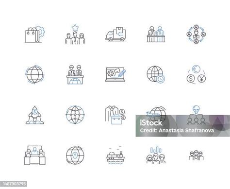 대륙 횡단 비즈니스 라인 아이콘 컬렉션입니다 세계화 연결성 다문화주의 협업 무역 투자 다양성 벡터 및 선형 일러스트레이션 통합 커뮤니케이션 확장 개요 표지판 세트 0명에