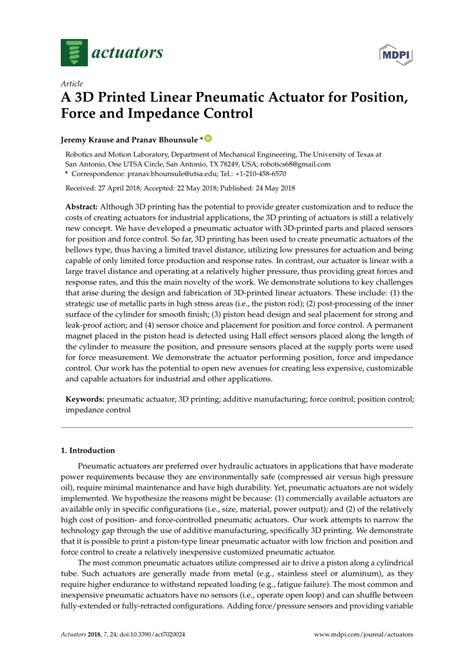 Pdf A 3d Printed Linear Pneumatic Actuator For Position Force And