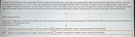 Current Rules For Telephone Area Codes Allow The Use Of Digits 2 9 For