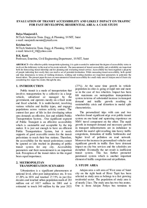 Pdf Evaluation Of Transit Accessibility And Likely Impact On Traffic For Fast Developing