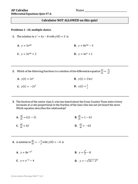 Ap Calculus Differential Equations Quiz Pdf Mathematical Physics