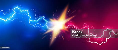 대 배너 낙뢰 대결 템플릿 대 전투 또는 전투 개념 빨간색과 파란색 색상 플래시 라이트 벼락 스파크 현실적인 투명 네온 불빛 벡터 일러스트 Eps10 번개에 대한 스톡 벡터