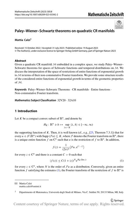 Paleywienerschwartz Theorems On Quadratic Cr Manifolds Request Pdf