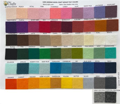Felt Color Chart 36″ 92cm Wide Wool Mix Felt Rolls X 5mts