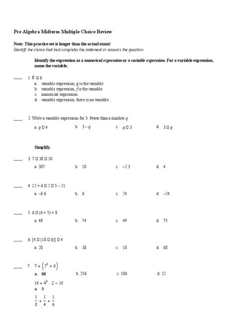 Pre Algebra Midterm Review Quiz Pdf Area Rectangle