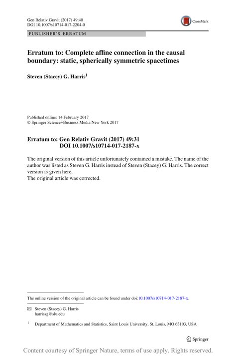 Erratum To Complete Affine Connection In The Causal Boundary Static