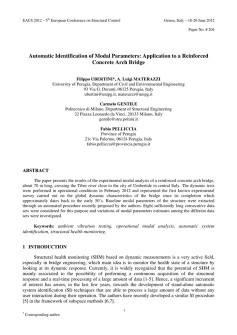PDF Automatic Identification Of Modal Parameters Application To A Reinforced Concrete Arch Bridge