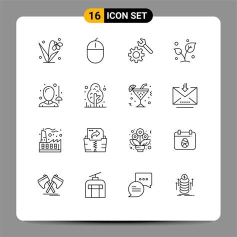 Universal Icon Symbols Group Of 16 Modern Outlines Of Female Sprout Mouse Spring Leaf Editable