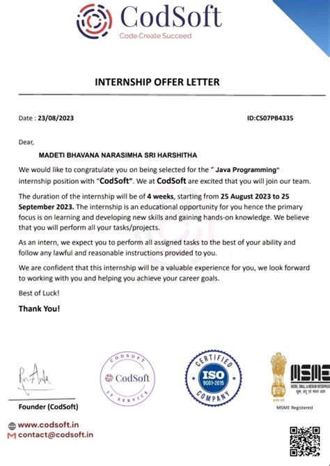 Bhavana Madeti On Linkedin Internship Java Codsoft Intern Opportunity