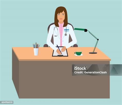 젊은 여자 의사는 환자를 복용입니다 테이블에 앉아 의료 고문입니다 의학 사무실 개념입니다 메모장에 대한 스톡 벡터 아트 및 기타 이미지 Istock