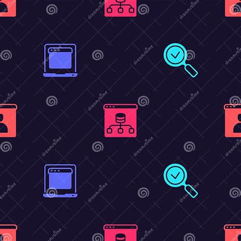 Set Magnifying Glass With Check Mark Laptop Browser Window Server Data And Create Account