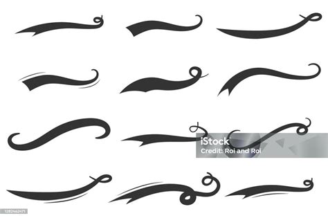 흰색 배경에 격리 된 Swoosh Swash 및 타이포그래피 테일 벡터 설정 파도 패턴에 대한 스톡 벡터 아트 및 기타 이미지