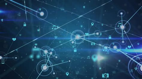 Premium Stock Video Animation Of Connected Dots Over Lens Flares And Connected Icons Against