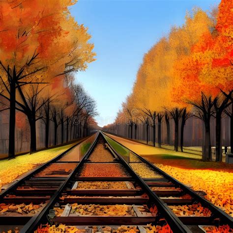 Autumn Trees Leaves And Old Train Tracks Stock Illustration