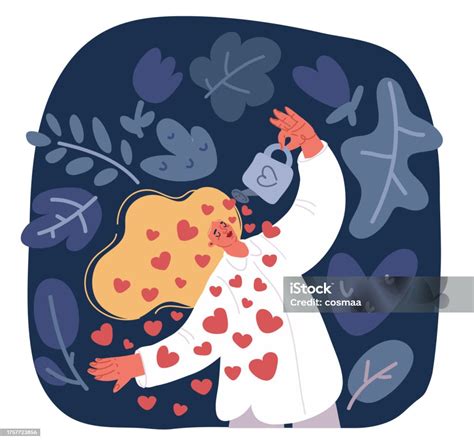 그녀 자신과 행복 한 여자 사랑의 만화 벡터 그림 자기 사랑과 보살핌을 표현하는 긍정적 인 여성 허영에 대한 스톡 벡터 아트 및