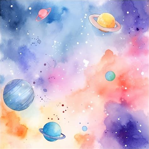 Premium Photo Watercolor Painting Of Planets In A Colorful Sky With