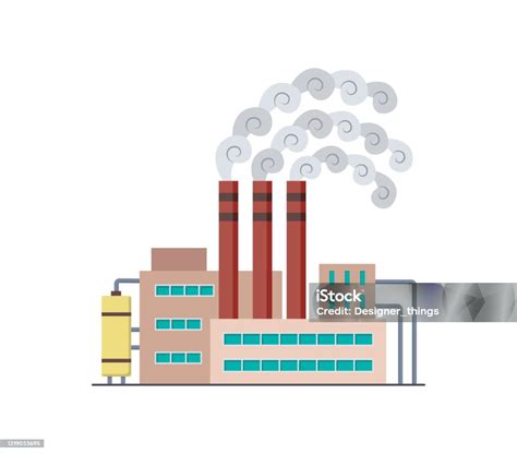 벡터 그림의 팩터리 또는 발전소 플랫 디자인 제조 산업 건물 정유 공장 또는 원자력 발전소 파이프 연기와 공장 또는 공장의 큰 건물 0명에 대한 스톡 벡터 아트 및 기타