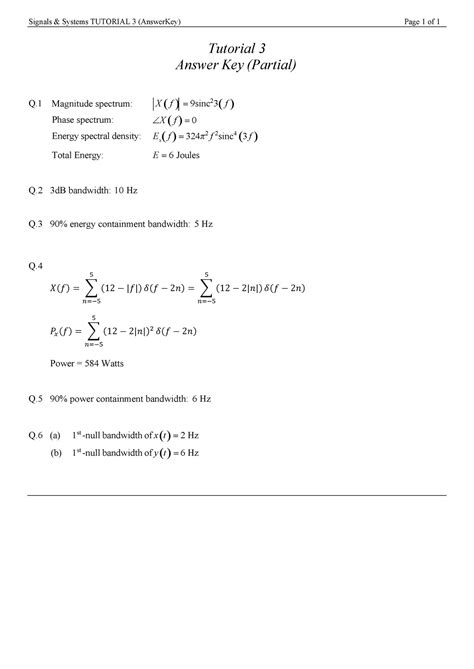 Tutorial 03 Ans Key Tutorial Ans Key X Signals And Systems Tutorial